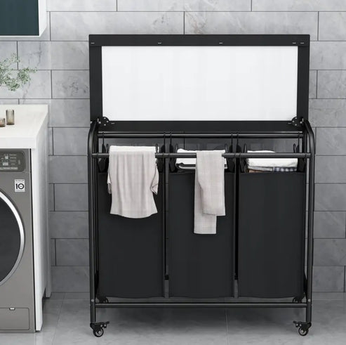 3 Compartment laundry basket with lockable wheels and ironing board ...