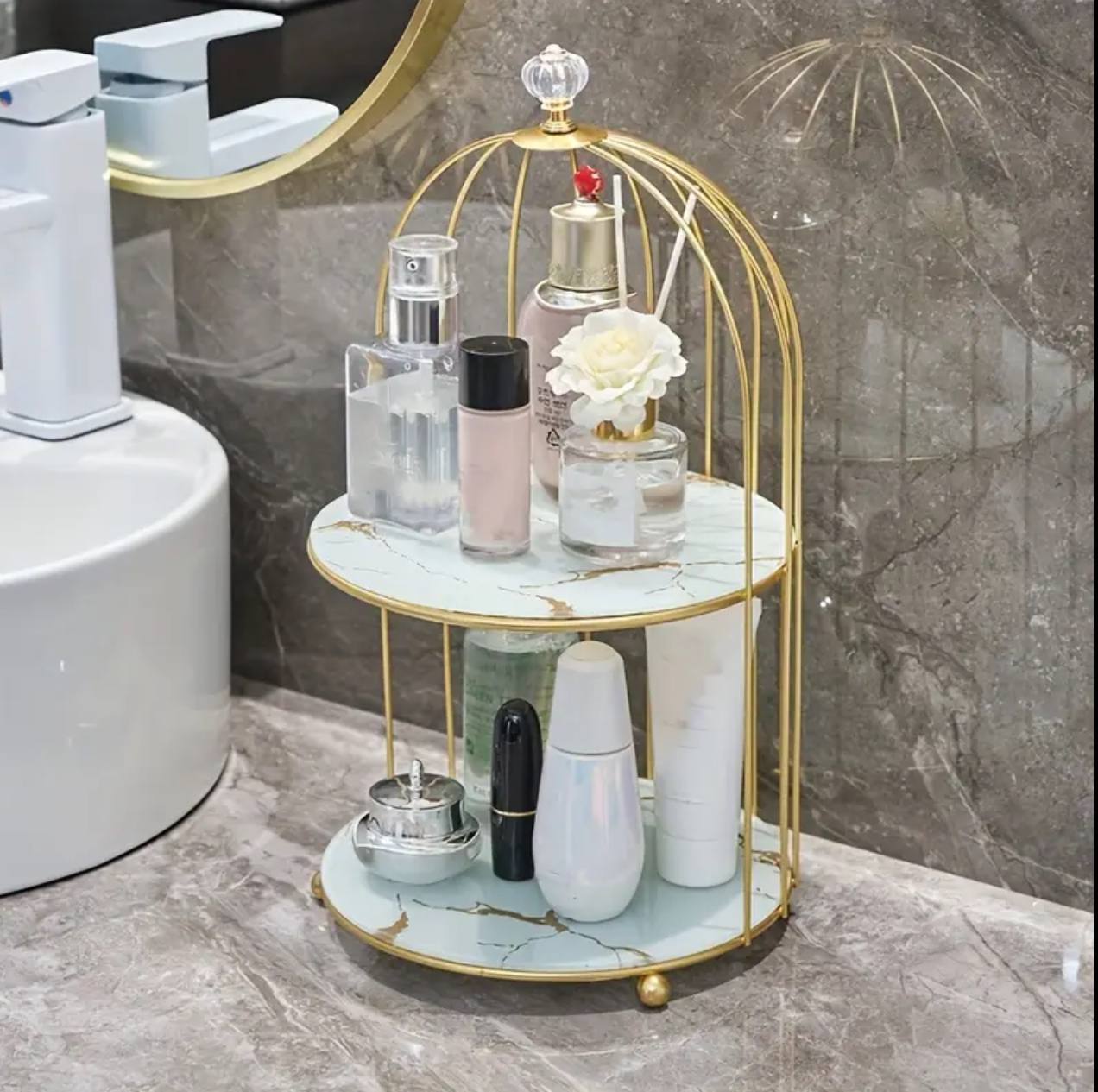 2 tier luxury marble textured with gold metal makeup storage/organizer ...
