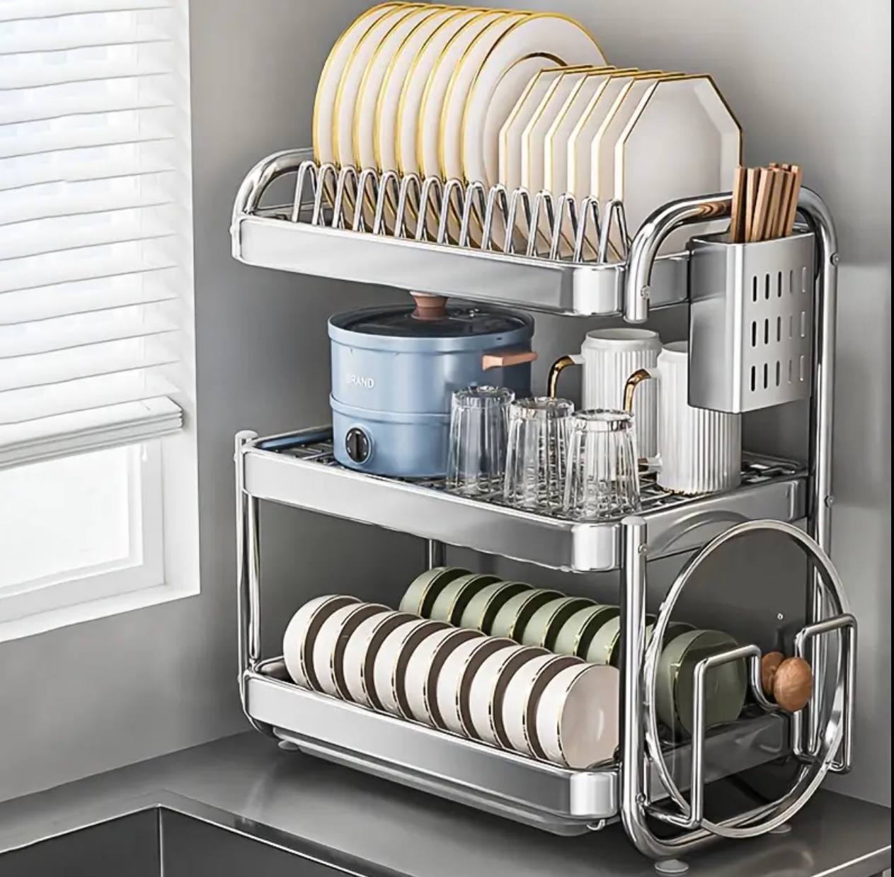 201ss Material 3-Tier Kitchen Chrome plated Dish Rack with drain tray ...
