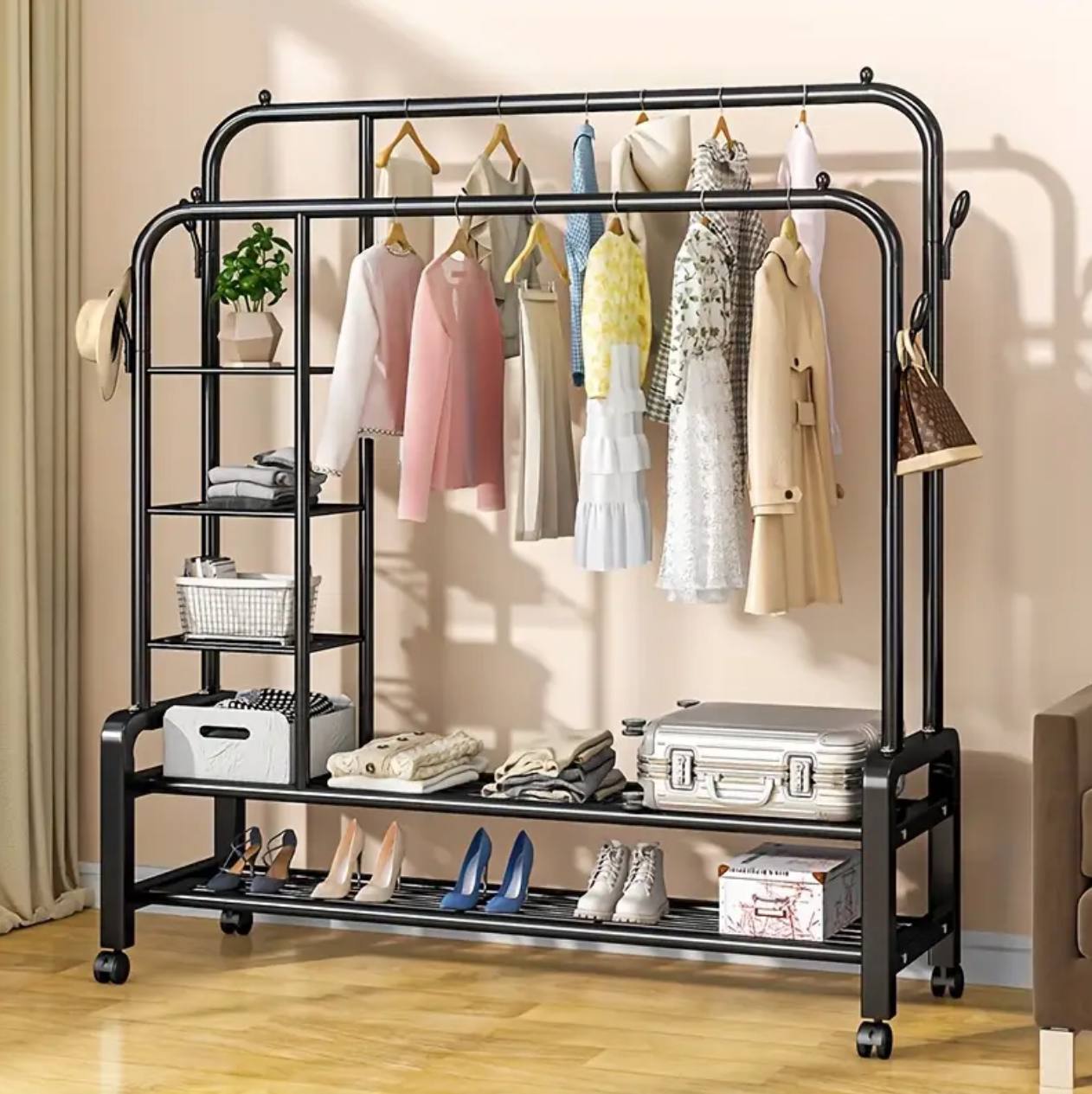 Double Layer Garment Rack Floor Standing Clothes Hanger – Luxury Homes ...