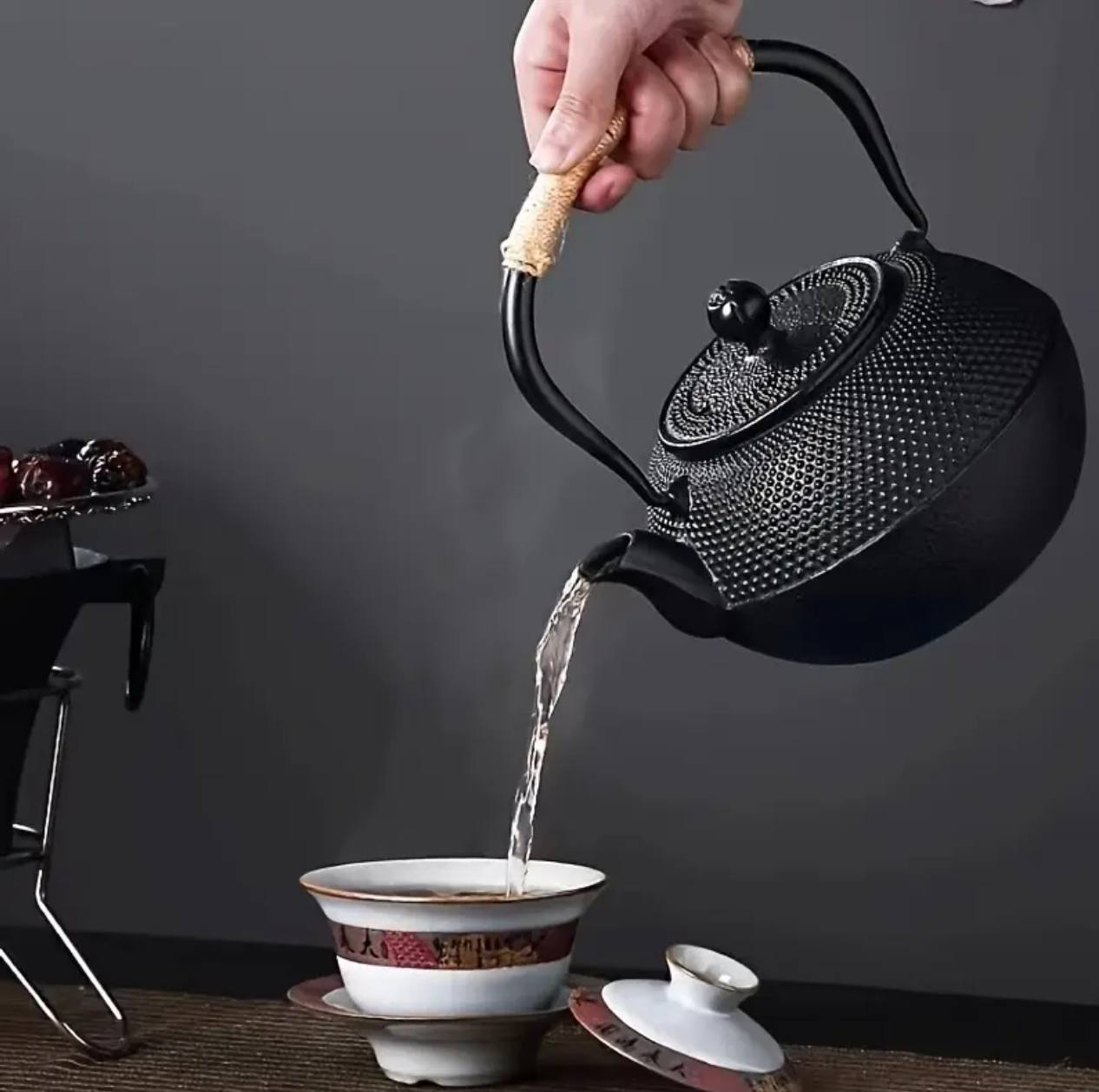 Original heavy duty cast iron tea pot with infuser, cast iron coaster ...