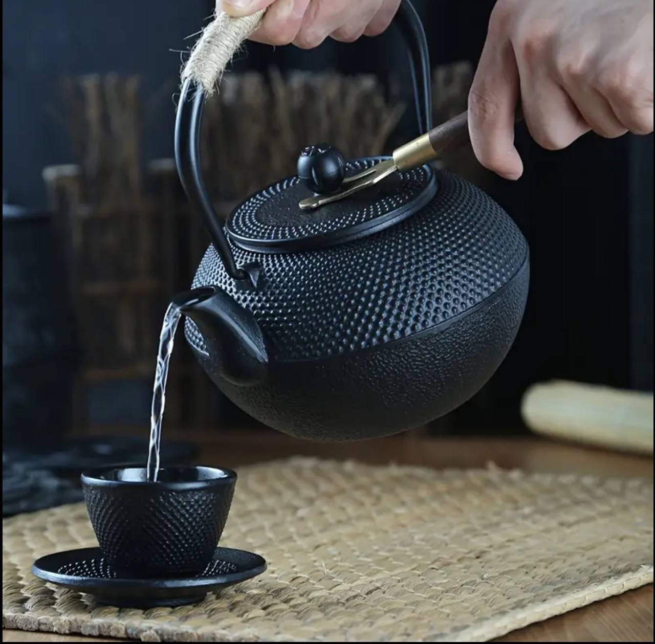 Original heavy duty cast iron tea pot with infuser, cast iron coaster ...